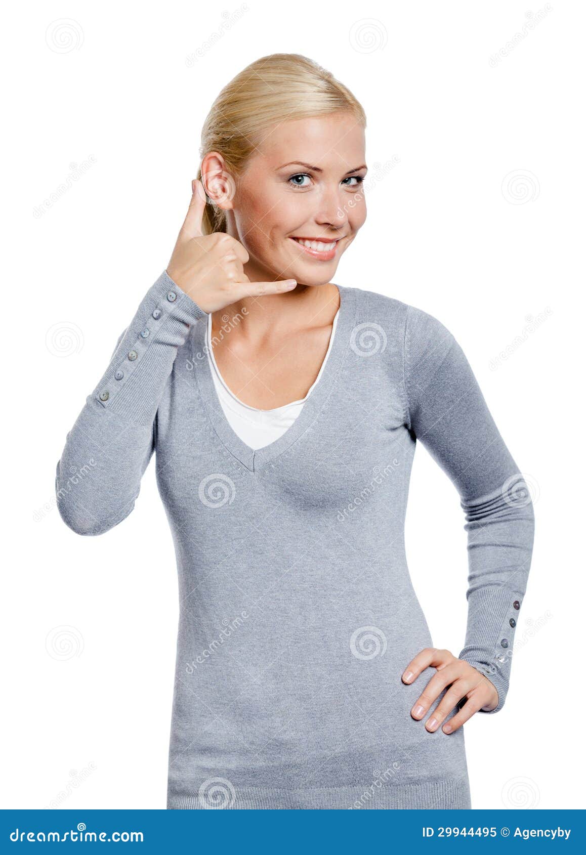 Female Gesturing Phone Call Stock Image - Image of cellular, grey: 29944495