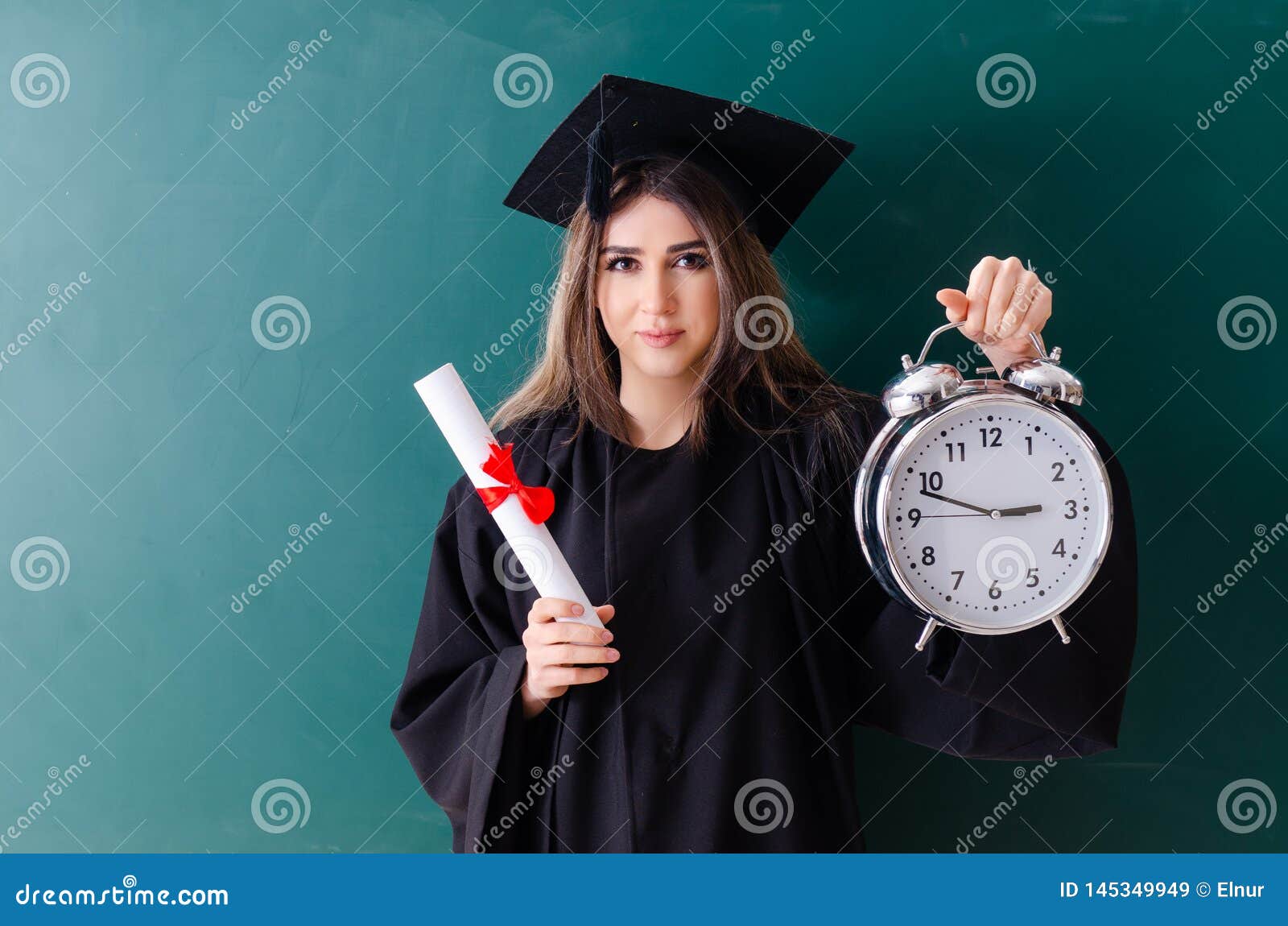 The Female Graduate Student in Front of Green Board Stock Image - Image ...
