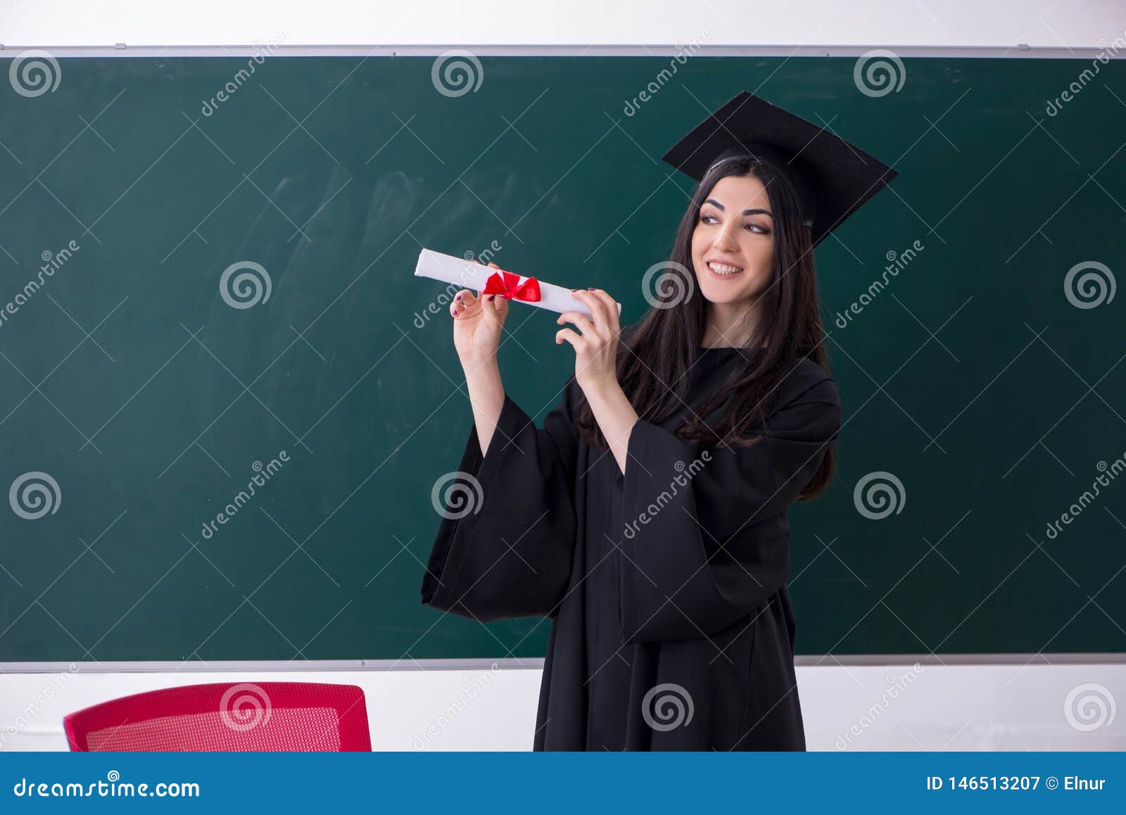 The Female Graduate Student in Front of Green Board Stock Image - Image ...