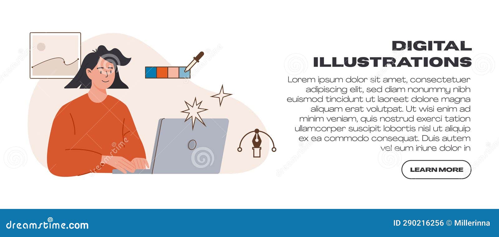 Female Graphic Designer Freelancer Working on a Computer Web Banner ...