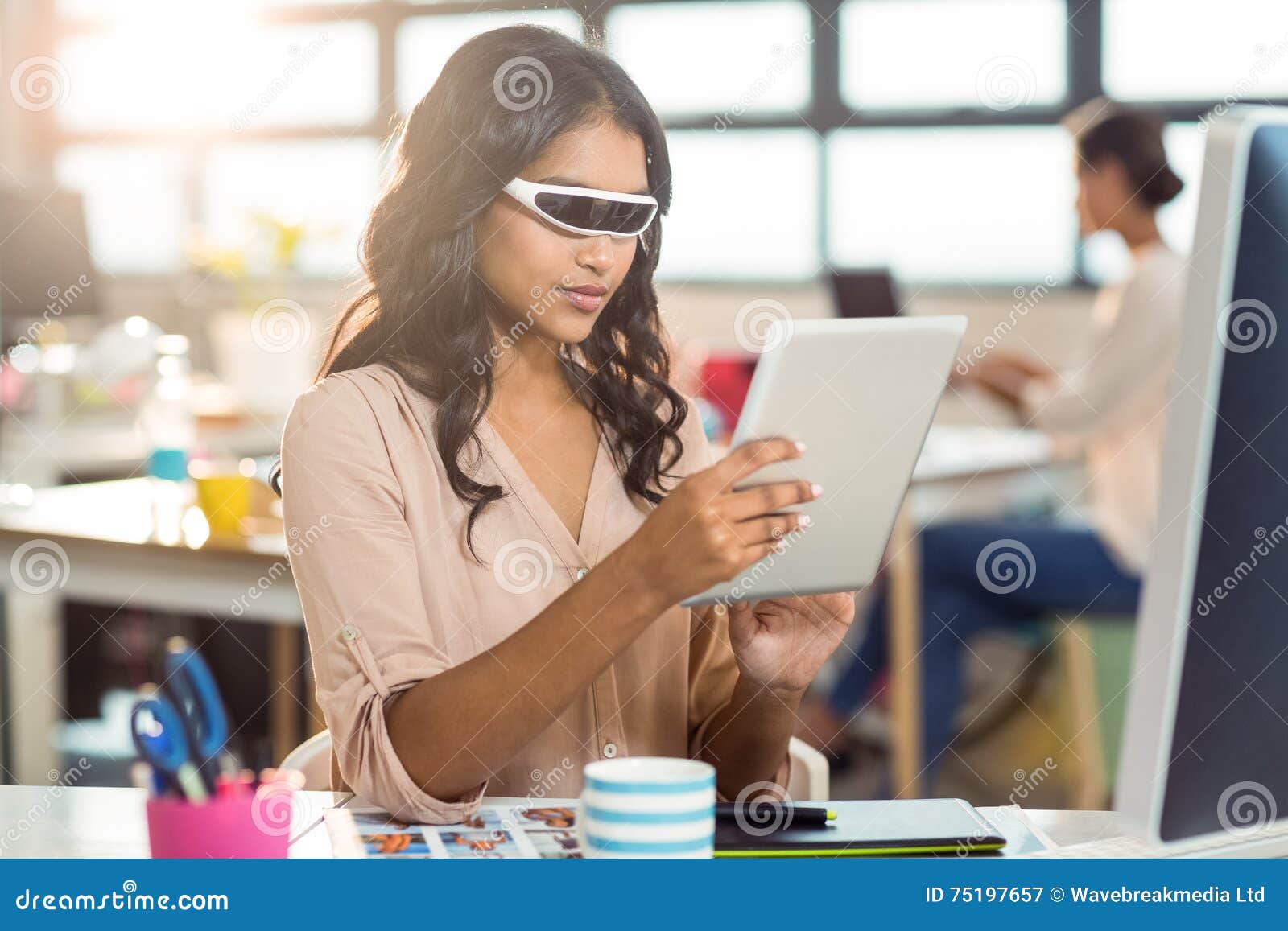 Female Graphic Designer in Virtual Reality Video Glass Using Digital ...