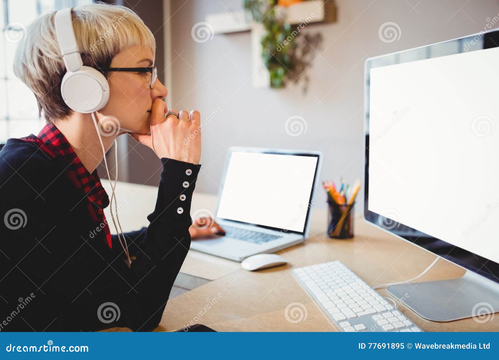 Female Graphic Designer Working on Computer and Laptop Stock Image ...