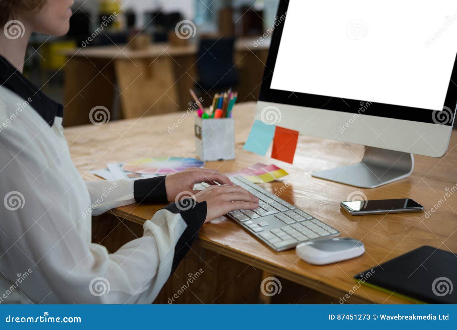 Female Graphic Designer Working at Desk Stock Image - Image of internet ...