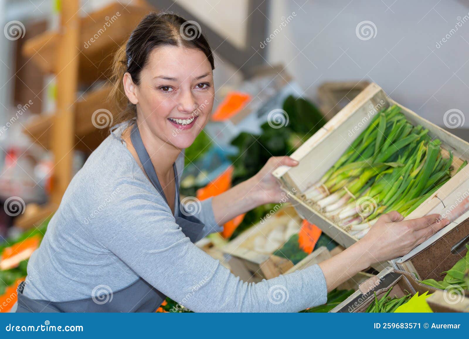 Female Grocer Moving Crate Vegetables Stock Image - Image of grocer ...