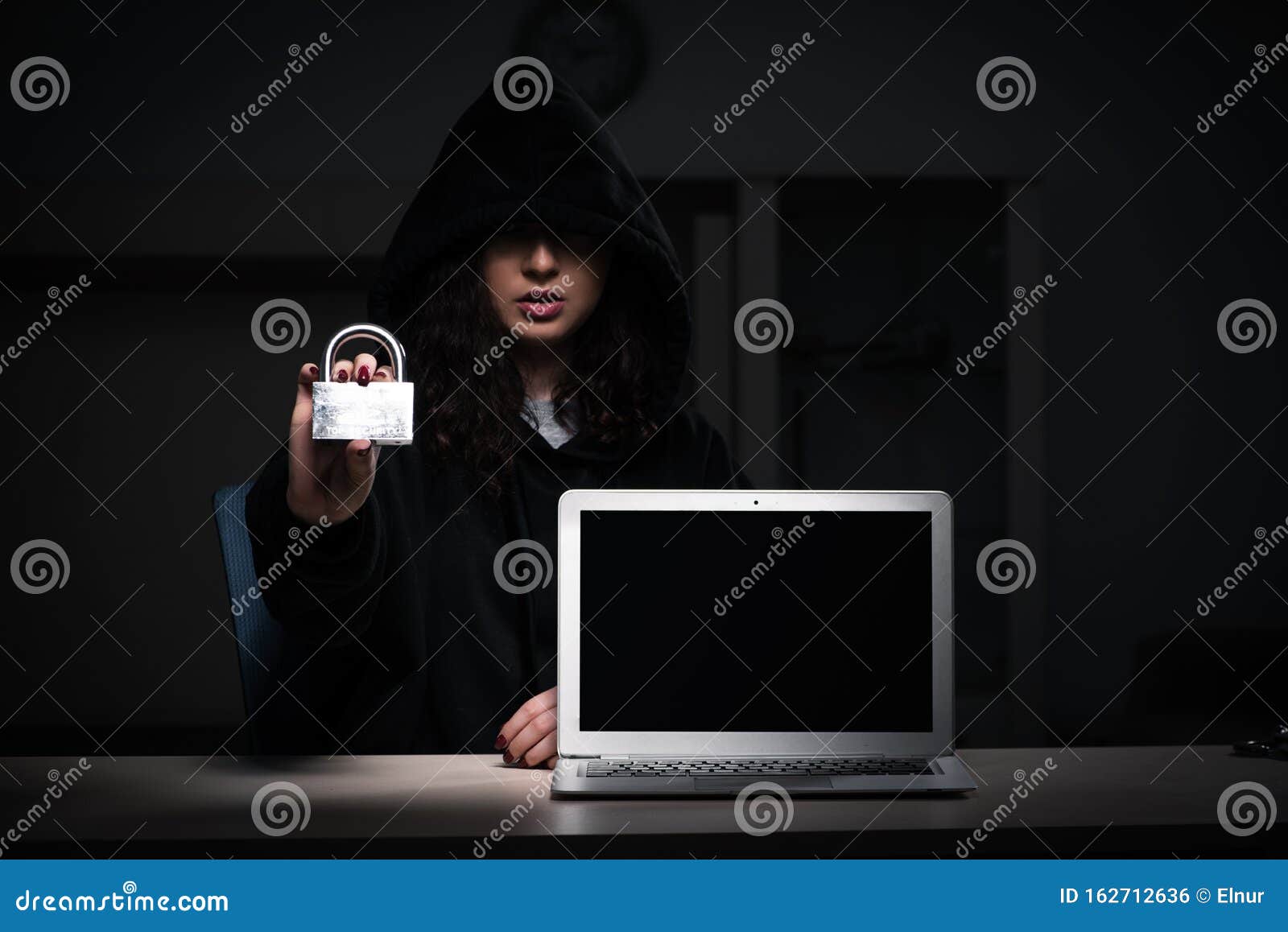 Female Hacker Hacking Security Firewall Late in Office Stock Photo ...