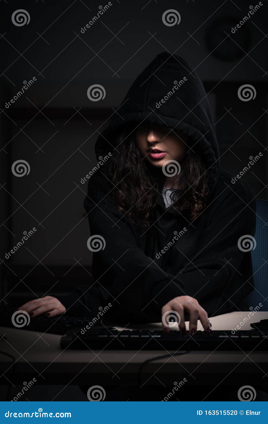Female Hacker Hacking Security Firewall Late in Office Stock Photo ...
