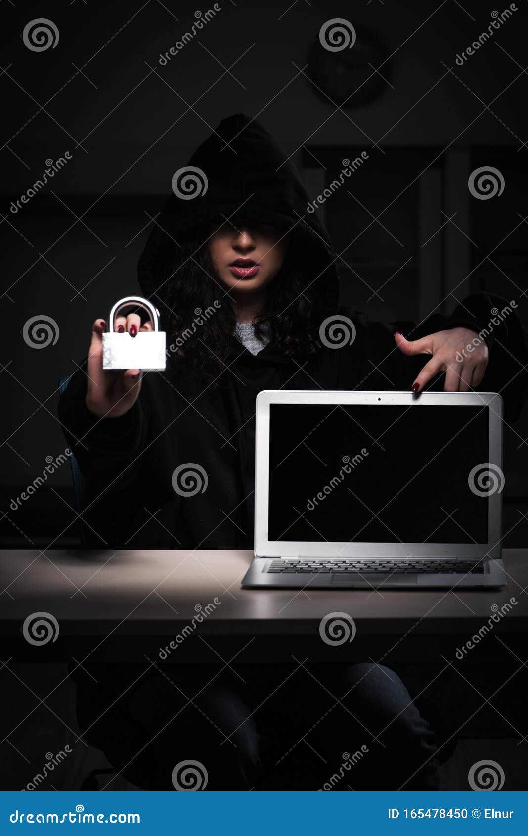 Female Hacker Hacking Security Firewall Late in Office Stock Photo ...