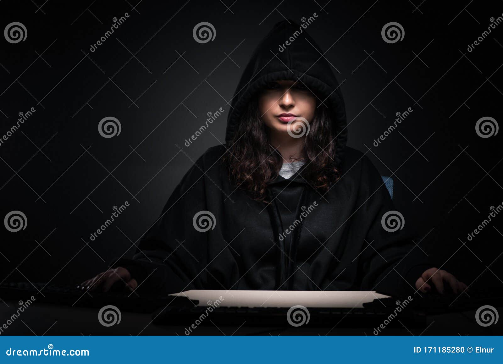 Female Hacker Hacking Security Firewall Late in Office Stock Photo ...