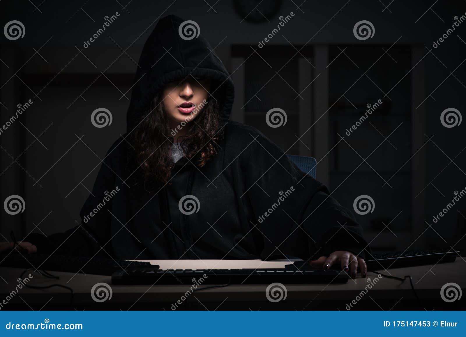 Female Hacker Hacking Security Firewall Late in Office Stock Image ...