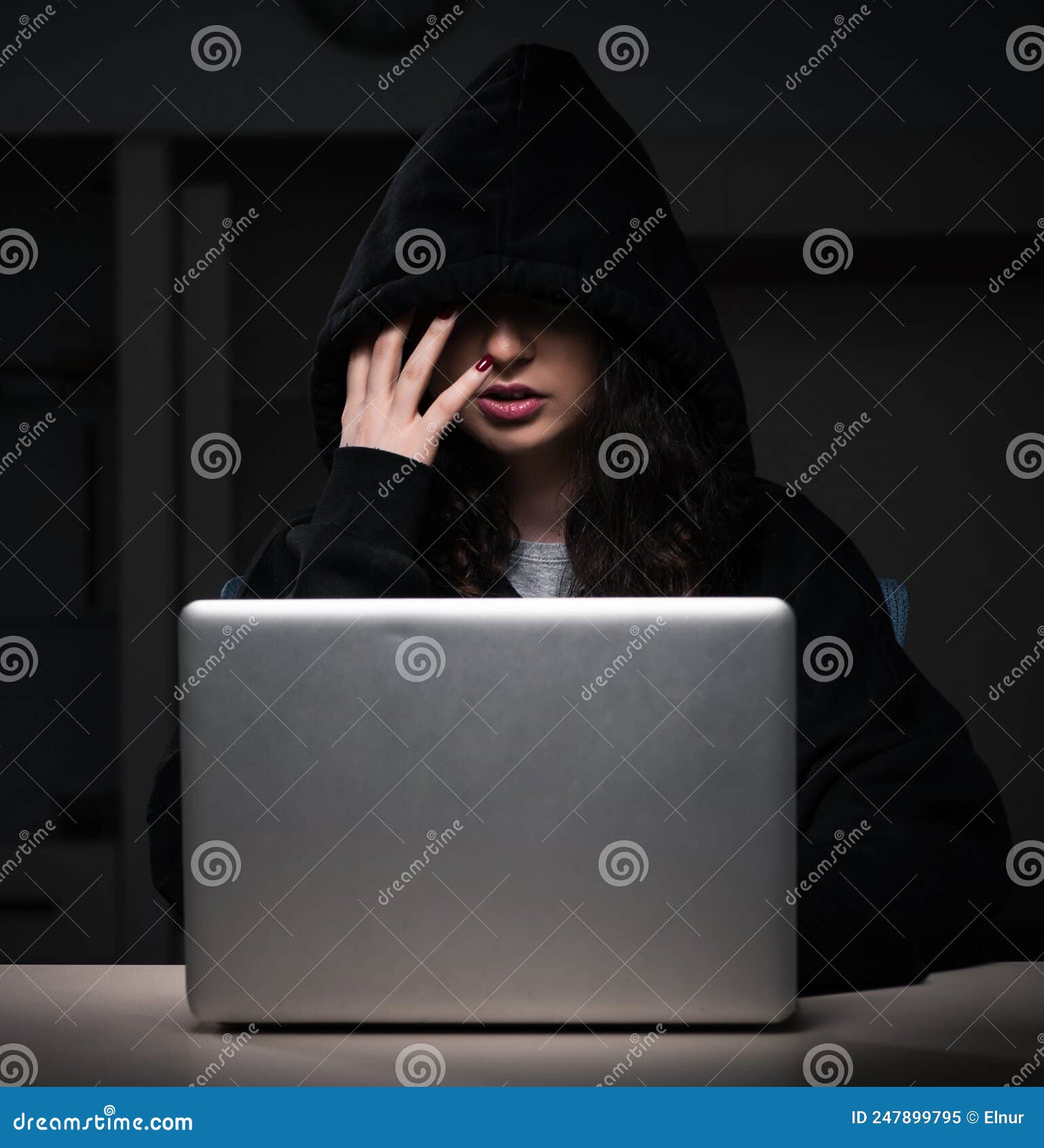 Female Hacker Hacking Security Firewall Late in Office Stock Image ...