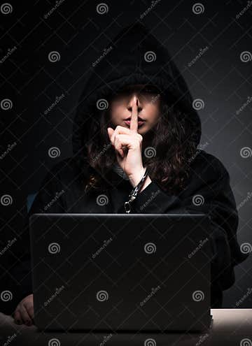 Female Hacker Hacking Security Firewall Late in Office Stock Photo ...