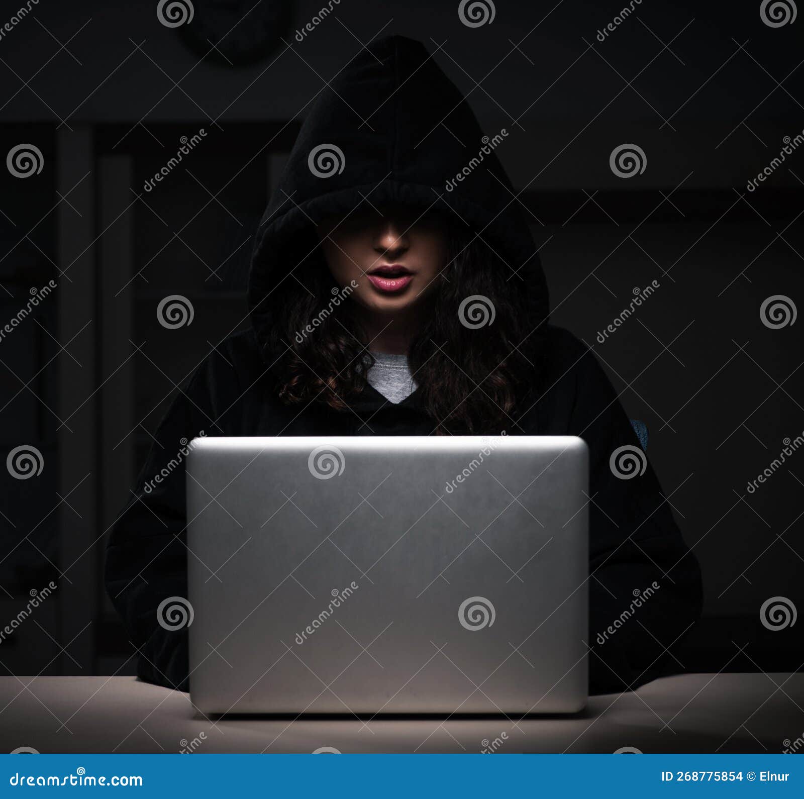 Female Hacker Hacking Security Firewall Late in Office Stock Photo ...