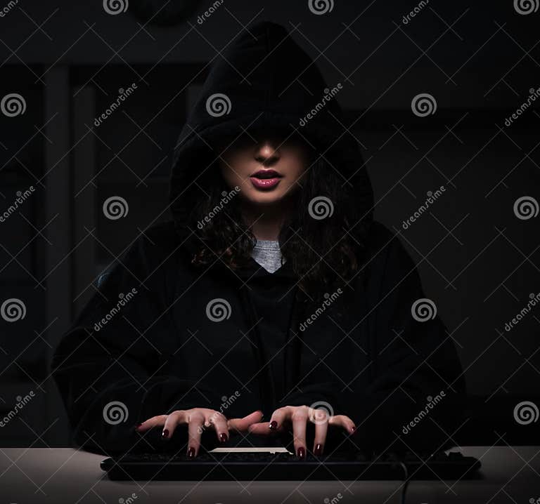 Female Hacker Hacking Security Firewall Late in Office Stock Photo ...