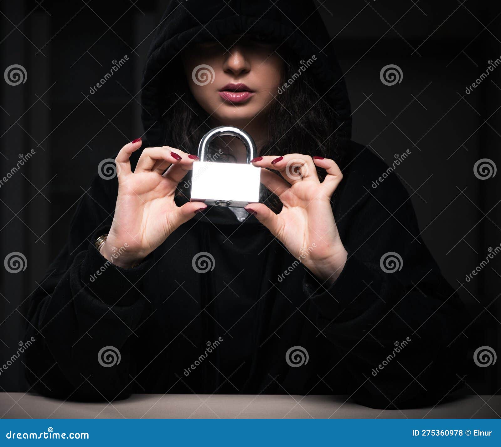 Female Hacker Hacking Security Firewall Late in Office Stock Photo ...