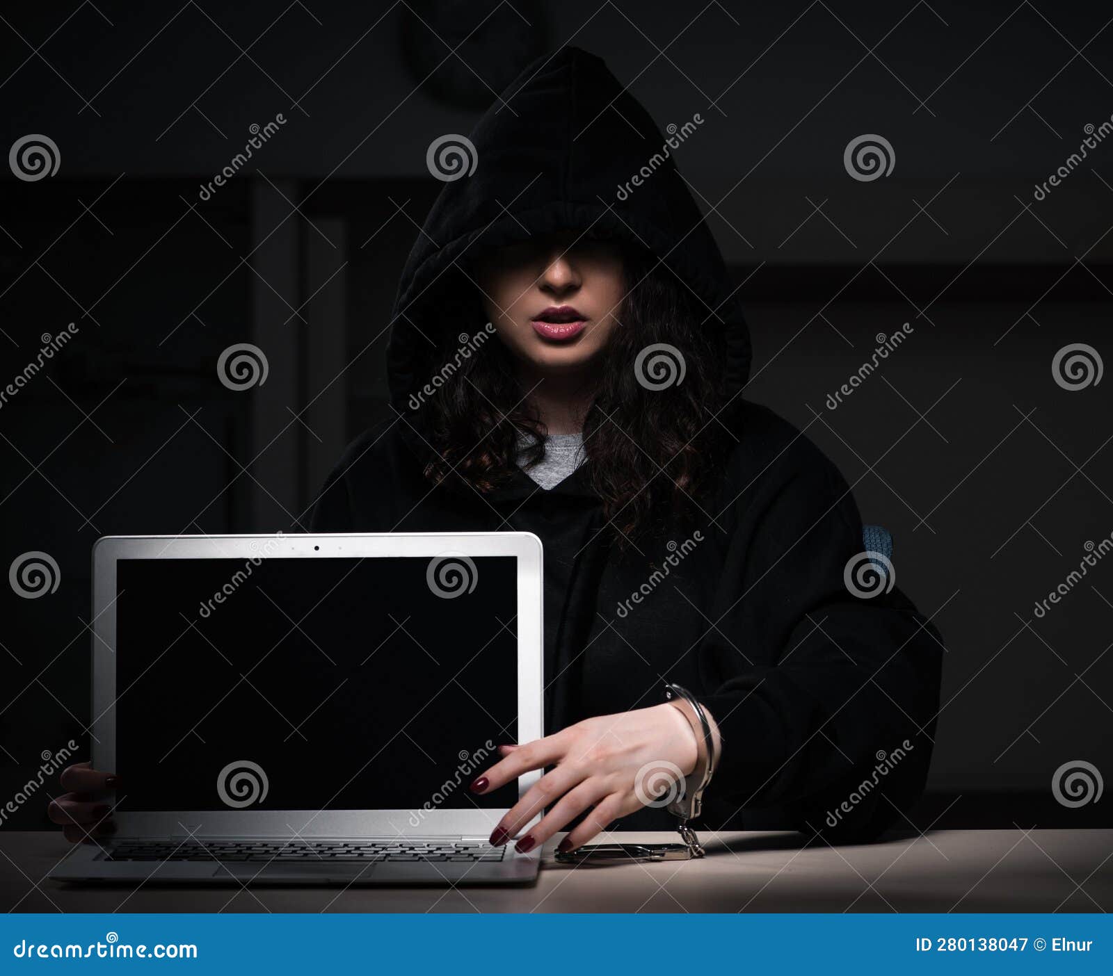 Female Hacker Hacking Security Firewall Late in Office Stock Image ...