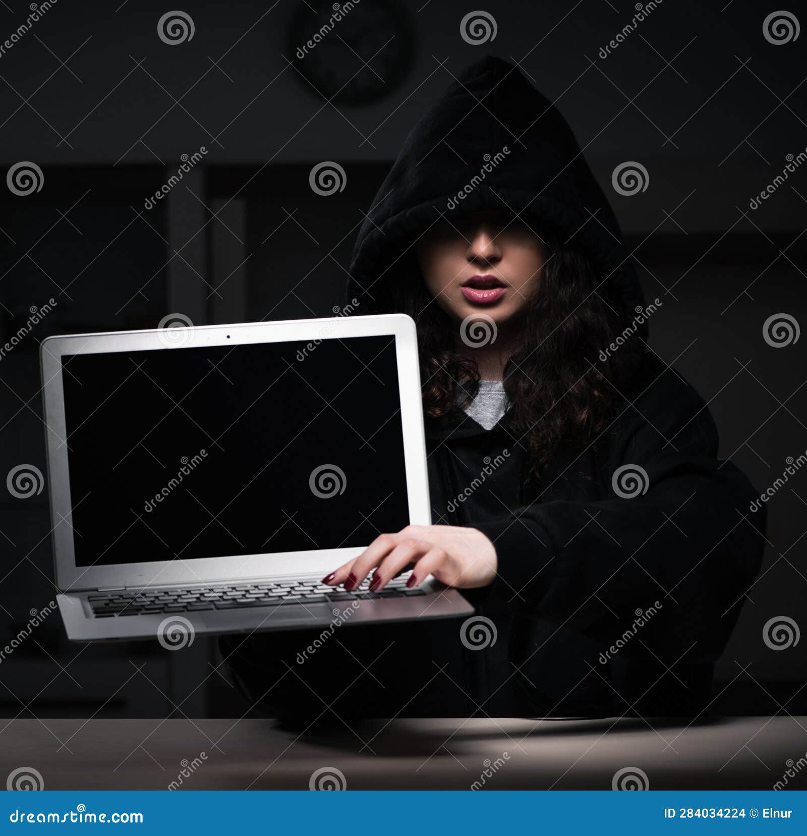 Female Hacker Hacking Security Firewall Late in Office Stock Photo ...