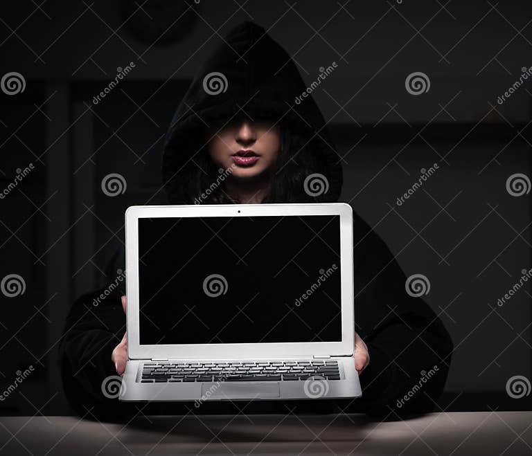 Female Hacker Hacking Security Firewall Late in Office Stock Photo ...