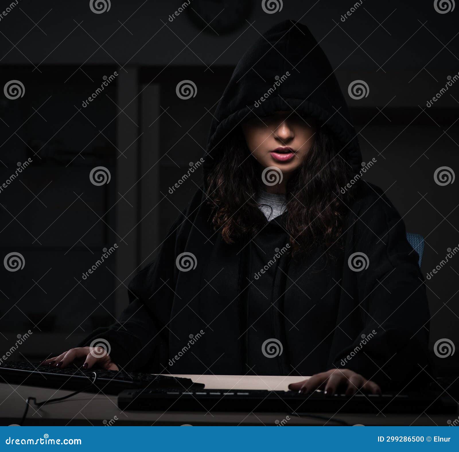 Female Hacker Hacking Security Firewall Late in Office Stock Photo ...