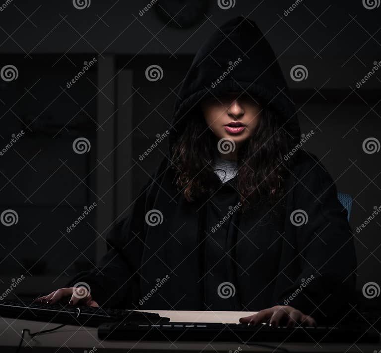 Female Hacker Hacking Security Firewall Late in Office Stock Photo ...