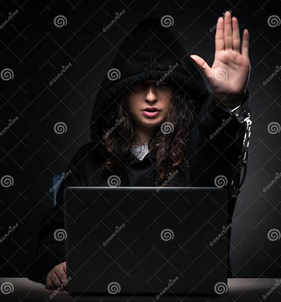 Female Hacker Hacking Security Firewall Late in Office Stock Photo ...