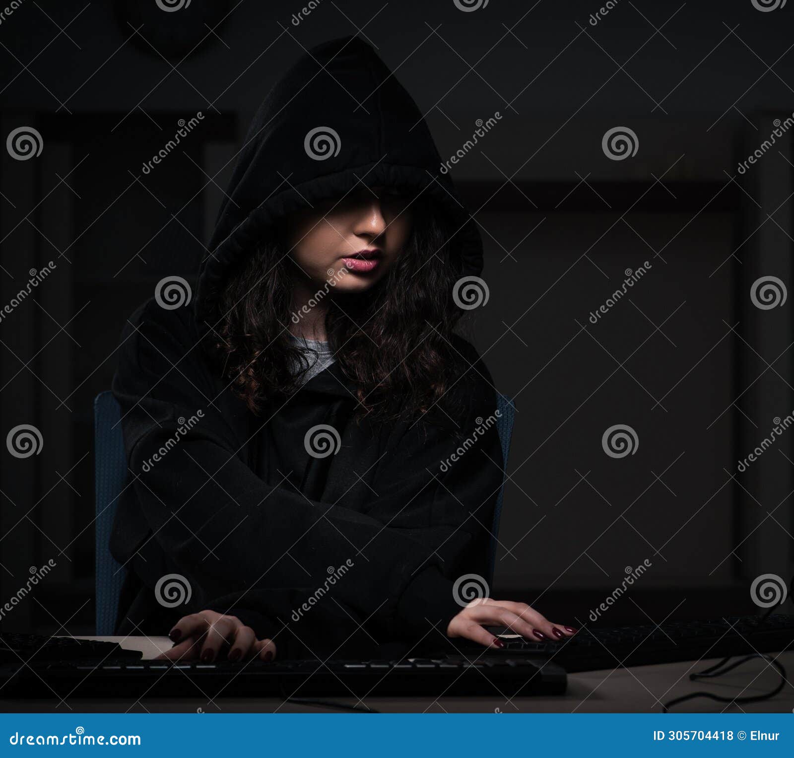 Female Hacker Hacking Security Firewall Late in Office Stock Photo ...
