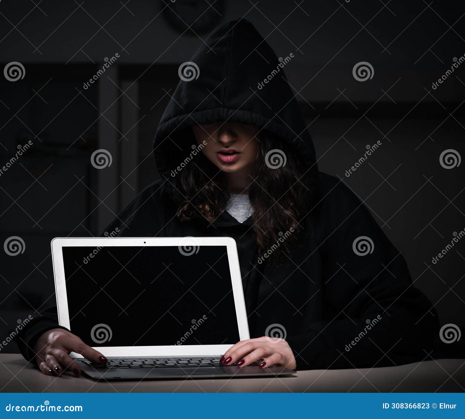 Female Hacker Hacking Security Firewall Late in Office Stock Image ...