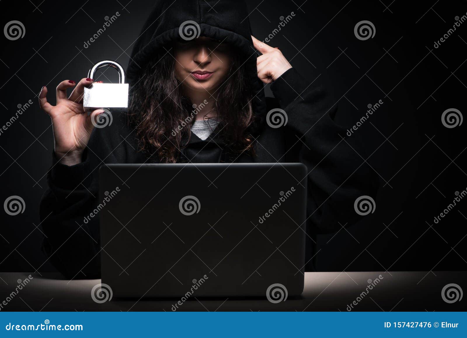 Female Hacker Hacking Security Firewall Late in Office Stock Photo ...