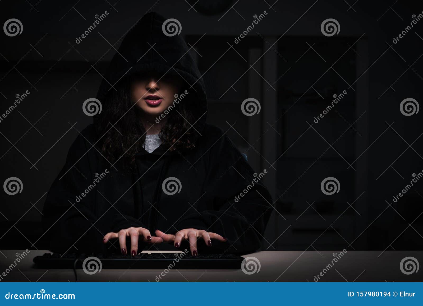 Female Hacker Hacking Security Firewall Late in Office Stock Photo ...