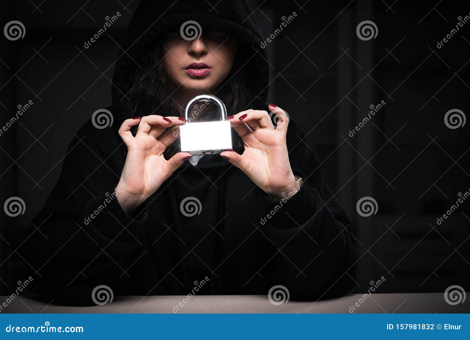 Female Hacker Hacking Security Firewall Late in Office Stock Photo ...