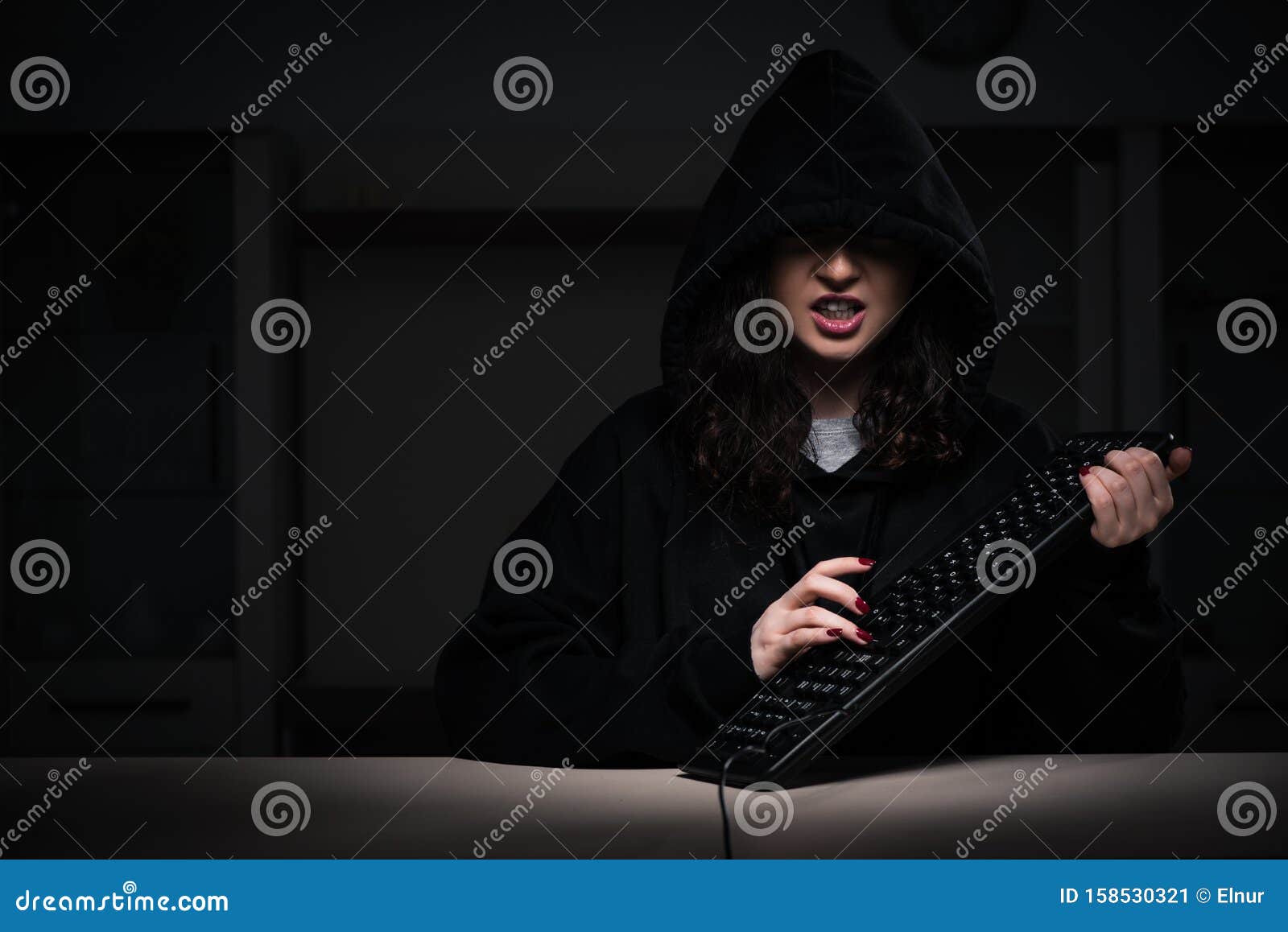 Female Hacker Hacking Security Firewall Late in Office Stock Image ...