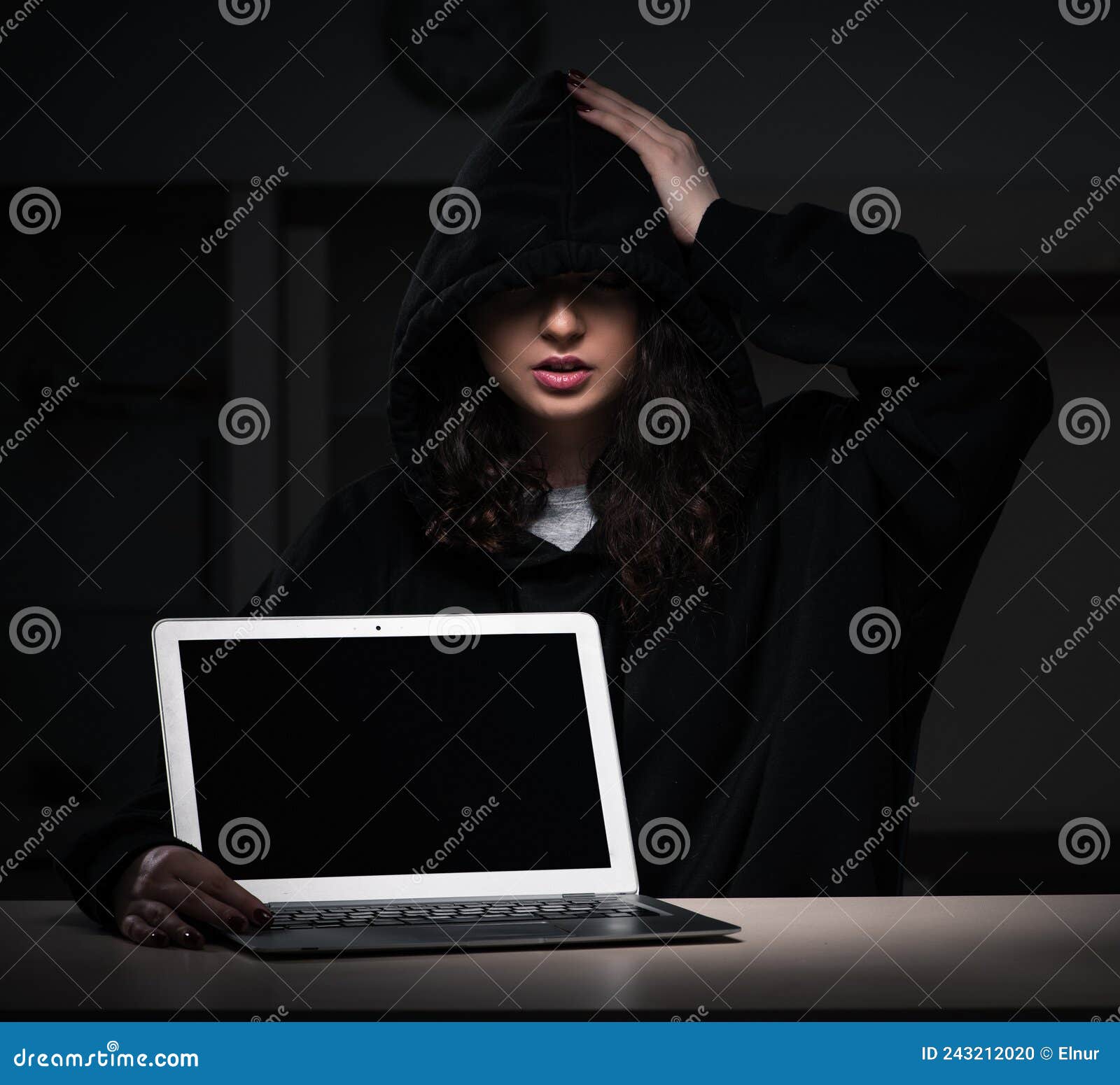 Female Hacker Hacking Security Firewall Late in Office Stock Photo ...