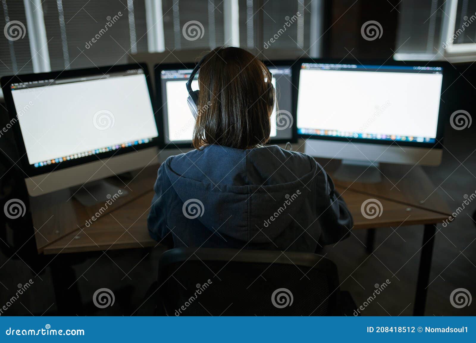 Female Hacker in Headphones Works on Computer Stock Photo - Image of ...