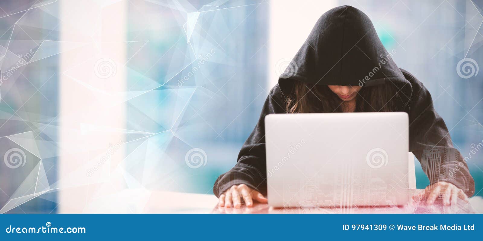 Composite Image of Female Hacker Sitting by Laptop on Table Stock Image ...