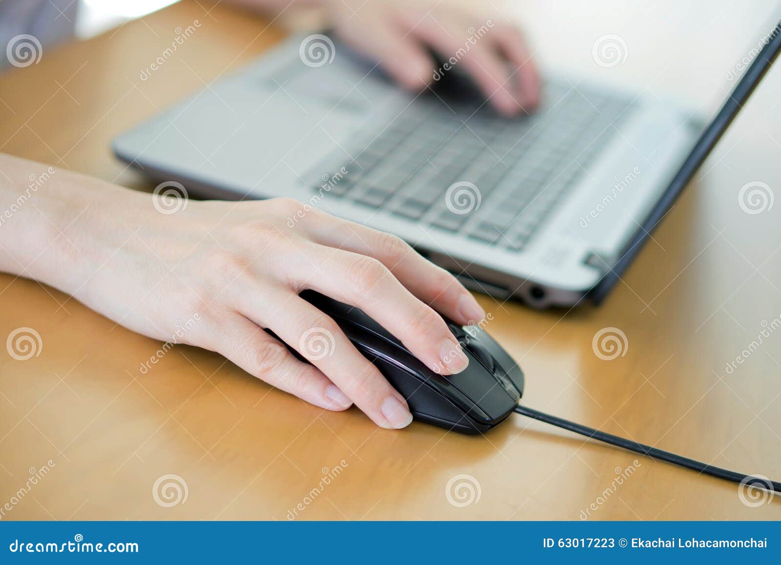 Female Hand with Computer Mouse on Table Stock Image - Image of button ...