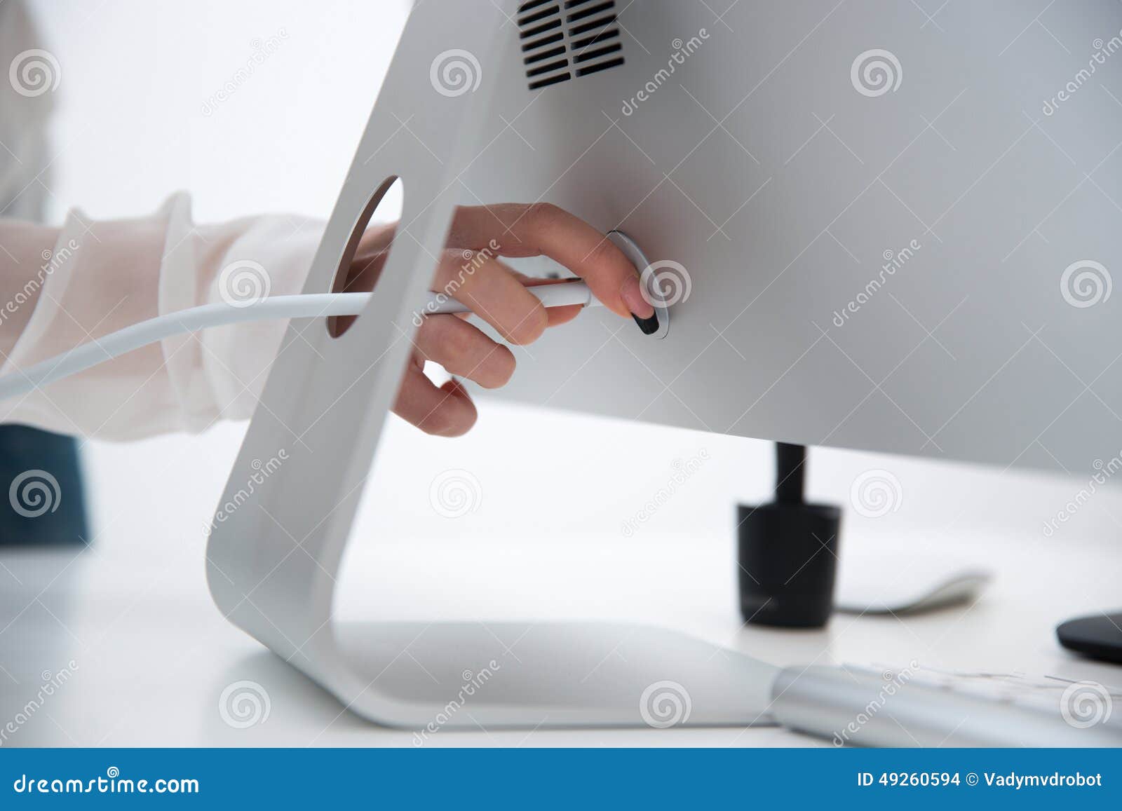 Female Hand Connecting Cord into the Computer Stock Photo - Image of ...