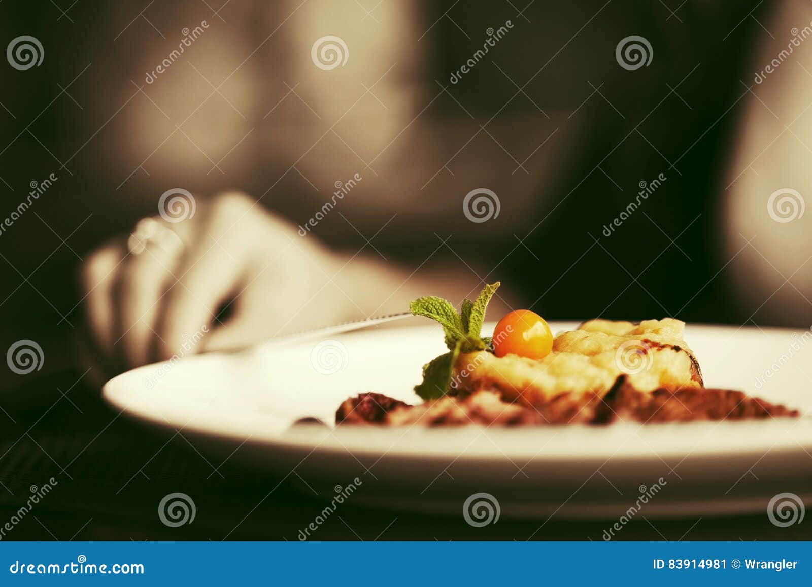 Female Hand with a Dinner at Restaurant Stock Image - Image of beef ...
