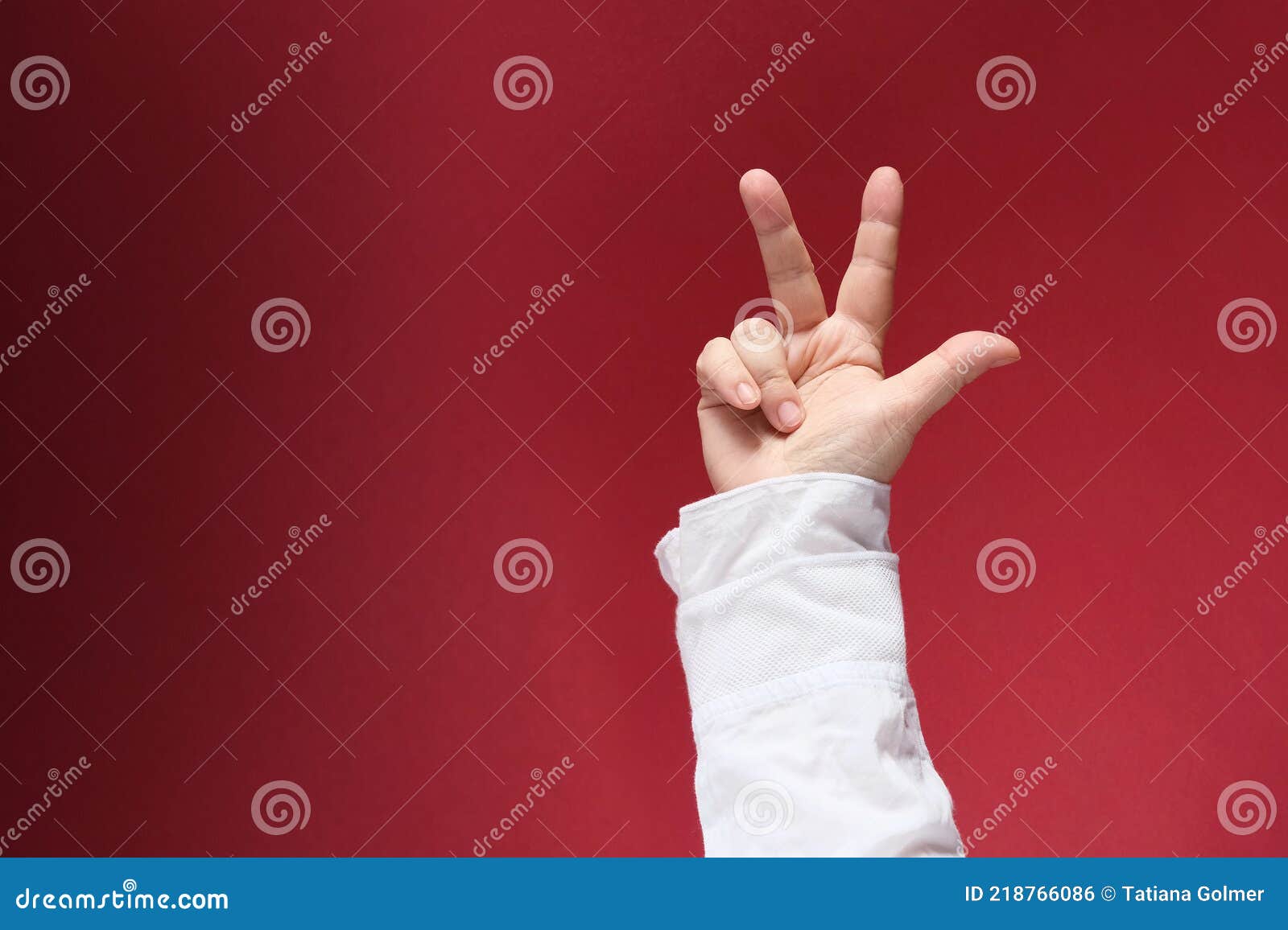 Female Hand, Finger Gesture Number Three, Red Cloth Background, Space ...