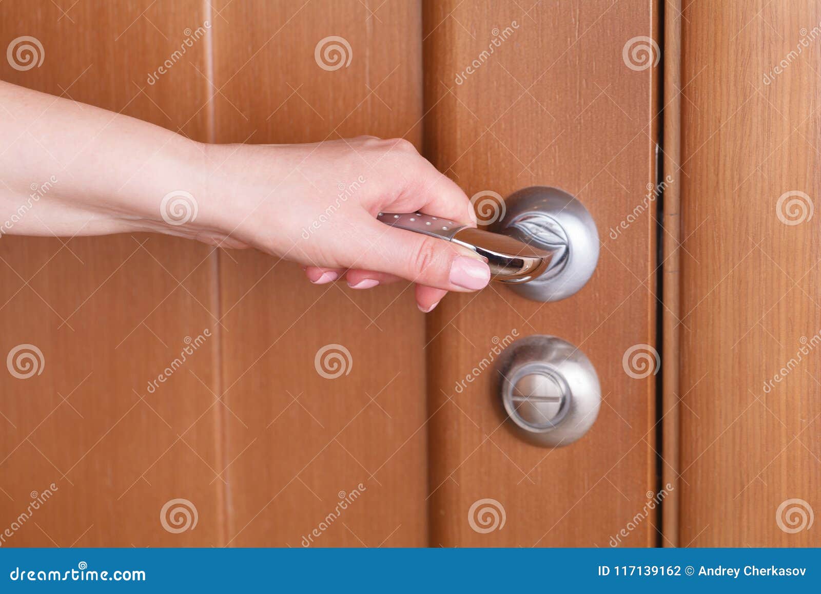 Female Hand Hold Handle of Wood Door Stock Photo - Image of person ...