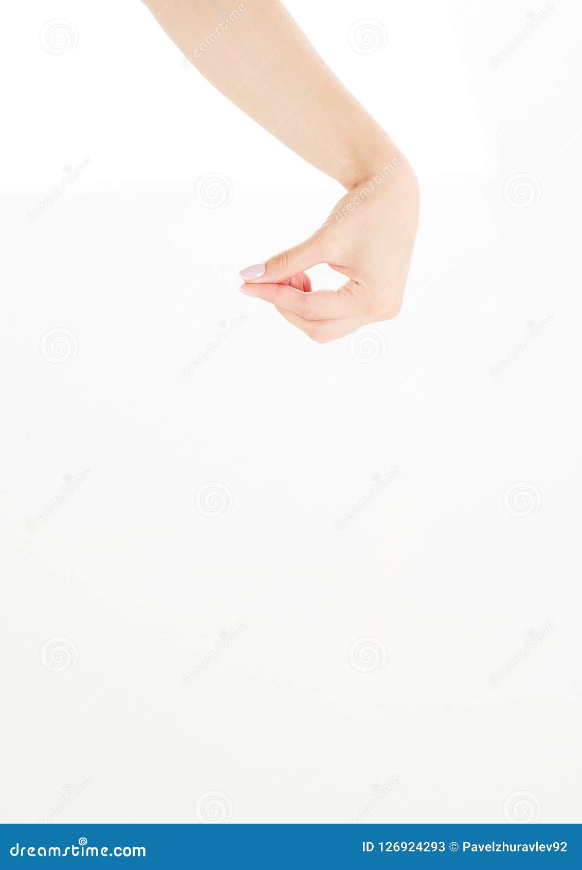 Female Hand Hold Invisible Items Isolated on White Background. Copy ...