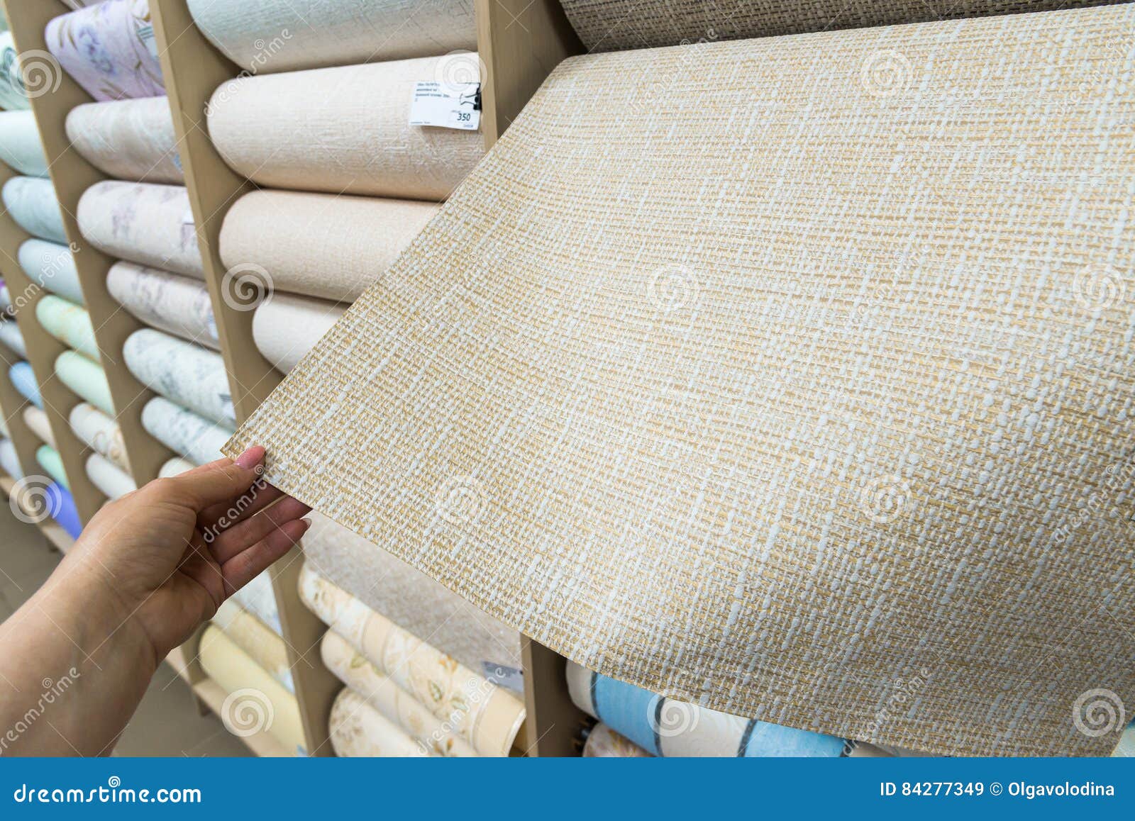 Female Hand Holding Beige Wallpaper in Store Stock Image - Image of ...