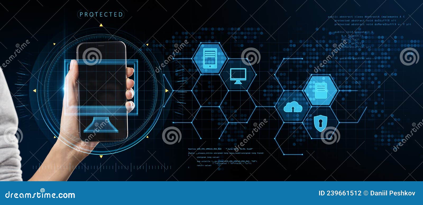 Female Hand Holding Creative Glowing Computer Hologram Interface on ...