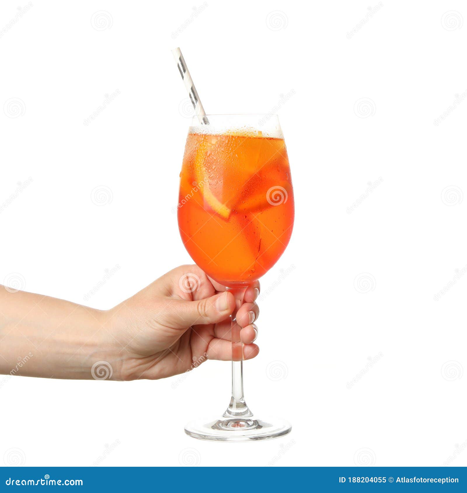 Female Hand Holding Glass Aperol Spritz Cocktail Isolated On White