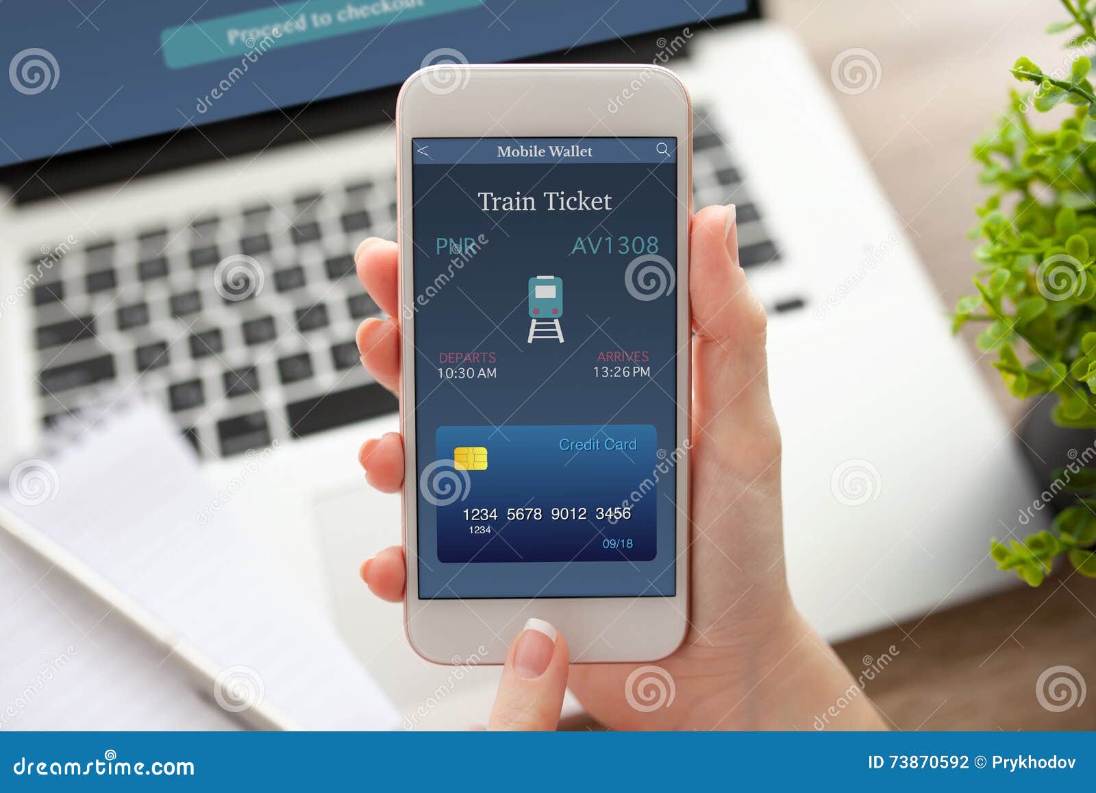 Female Hand Holding Phone with Online Train Ticket and Notebook Stock ...