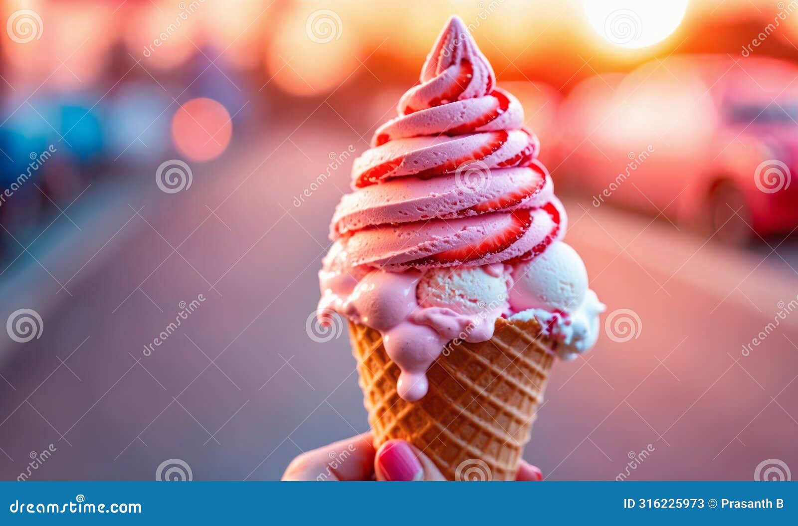 Female Hand Holding Strawberry Ice Cream Cone Stock Illustration
