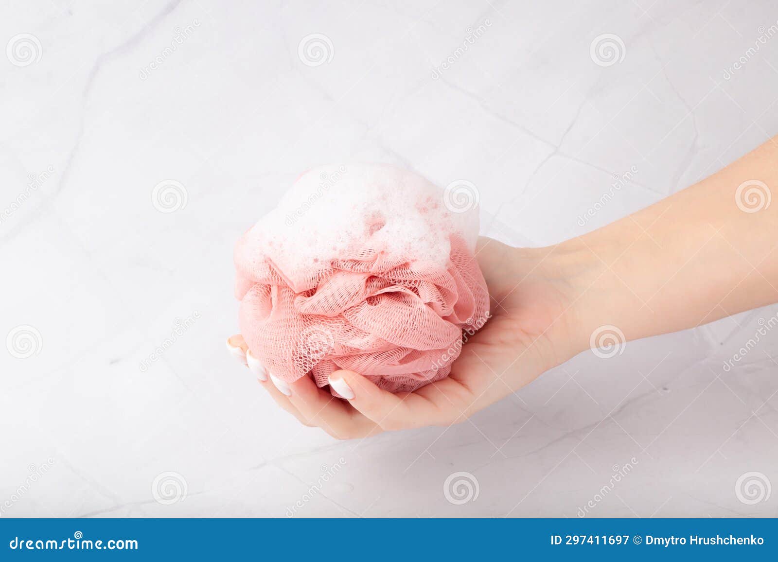 Female Hand Holds Bath Sponge with White Lush Foam Stock Image - Image ...