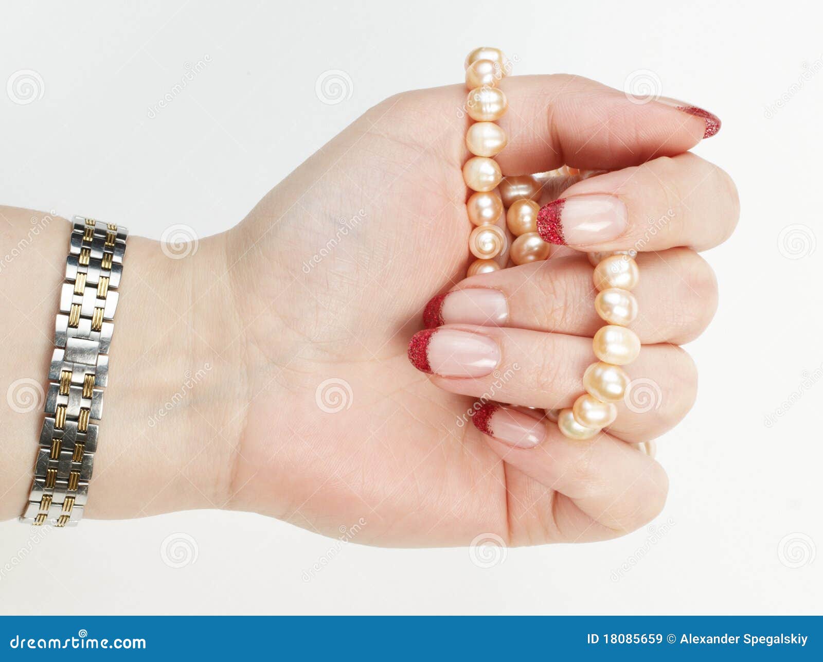 The Female Hand Holds Pearls Thread Stock Image - Image of necklace ...