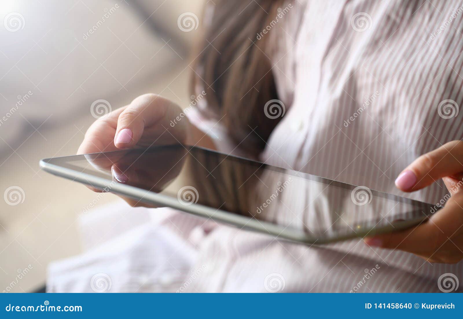 Female Hand Holds Tablet in Home Setting while Stock Photo - Image of ...
