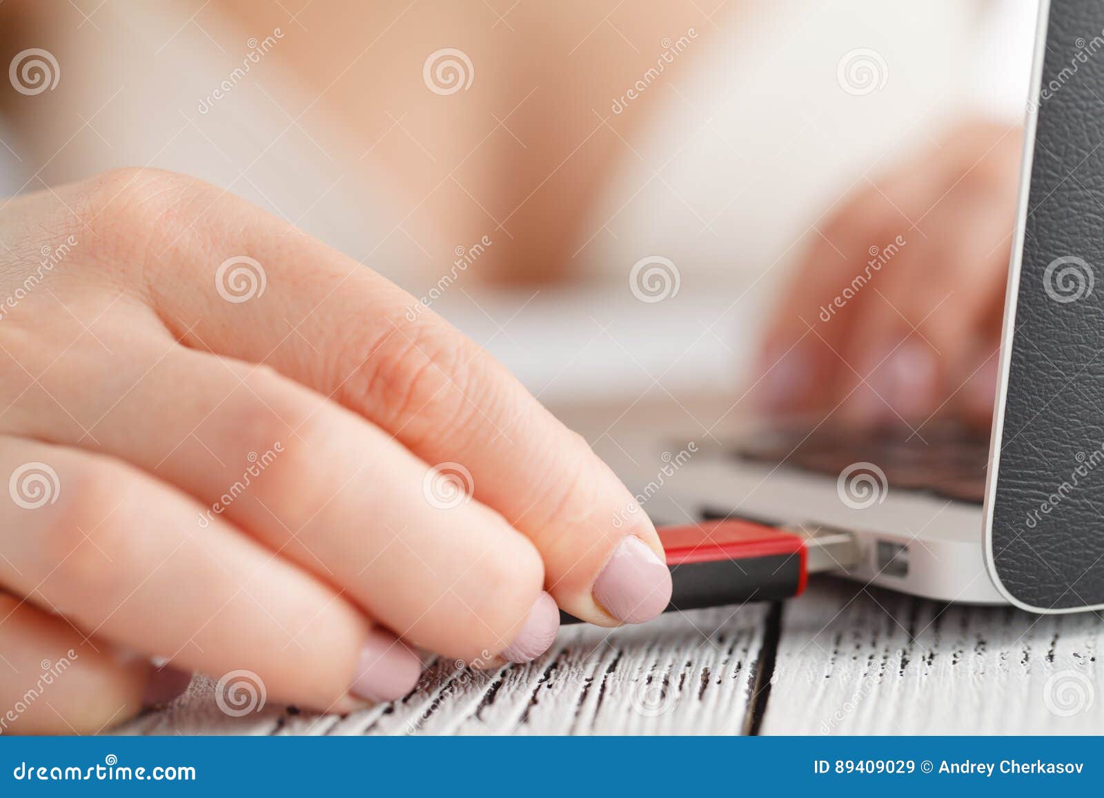 Female Hand Inserting Flash Drive. Stock Image - Image of data ...