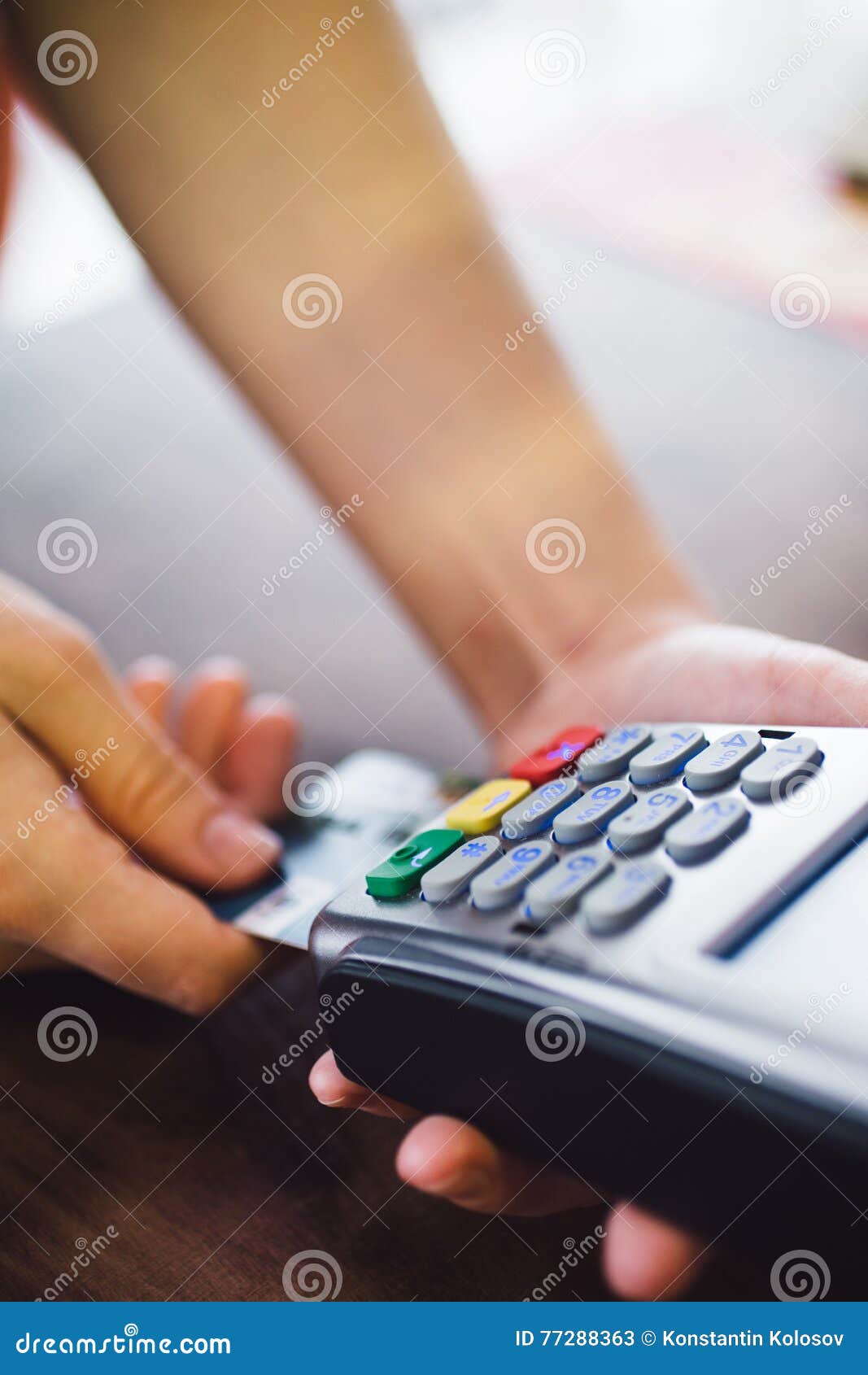 Female Hand Inserts the Credit Card into the Terminal Stock Image ...