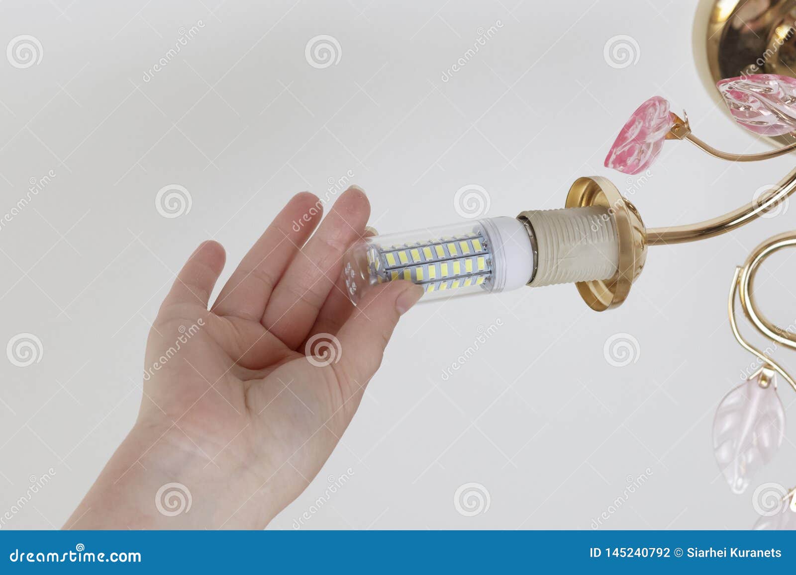 Female Hand Inserts a Light Bulb into the Threaded Socket. Installation ...